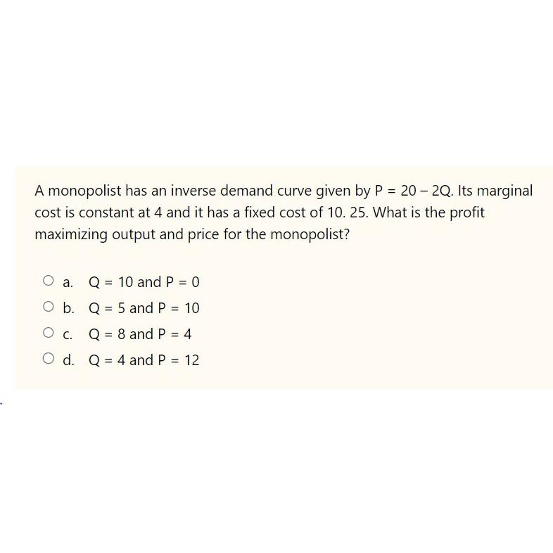 Solved A monopolist has an inverse demand curve given by | Chegg.com