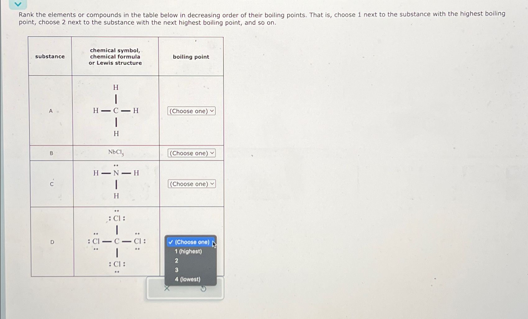 Solved Rank the elements or compounds in the table below in | Chegg.com