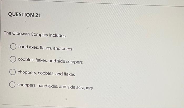 Solved QUESTION 21 The Oldowan Complex includes: hand axes, | Chegg.com
