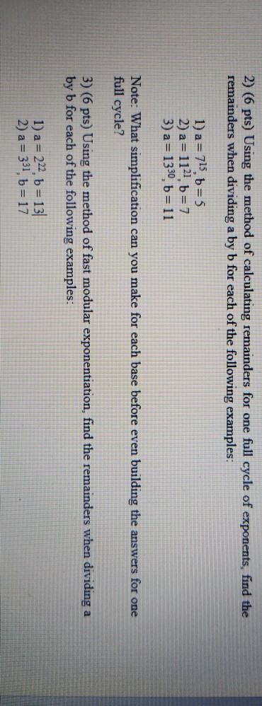 Solved 2) (6 pts) Using the method of calculating remainders | Chegg.com