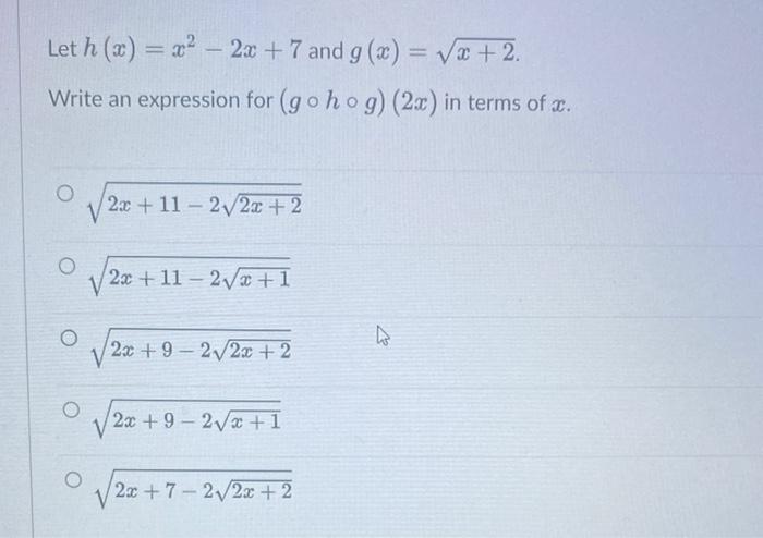 Solved Let h(x)=x2−2x+7 and g(x)=x+2 Write an expression for | Chegg.com