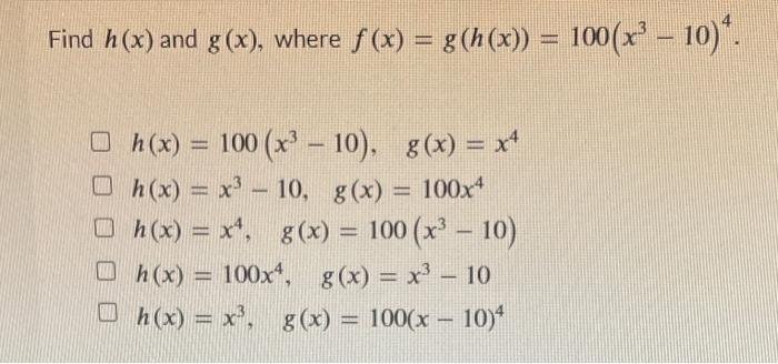 Solved g(x)=x7,h(x)=x+6 (a) Find g(h(x)). g(h(x))= (b) Find | Chegg.com