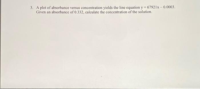 Solved 3. A plot of absorbance versus concentration yields | Chegg.com