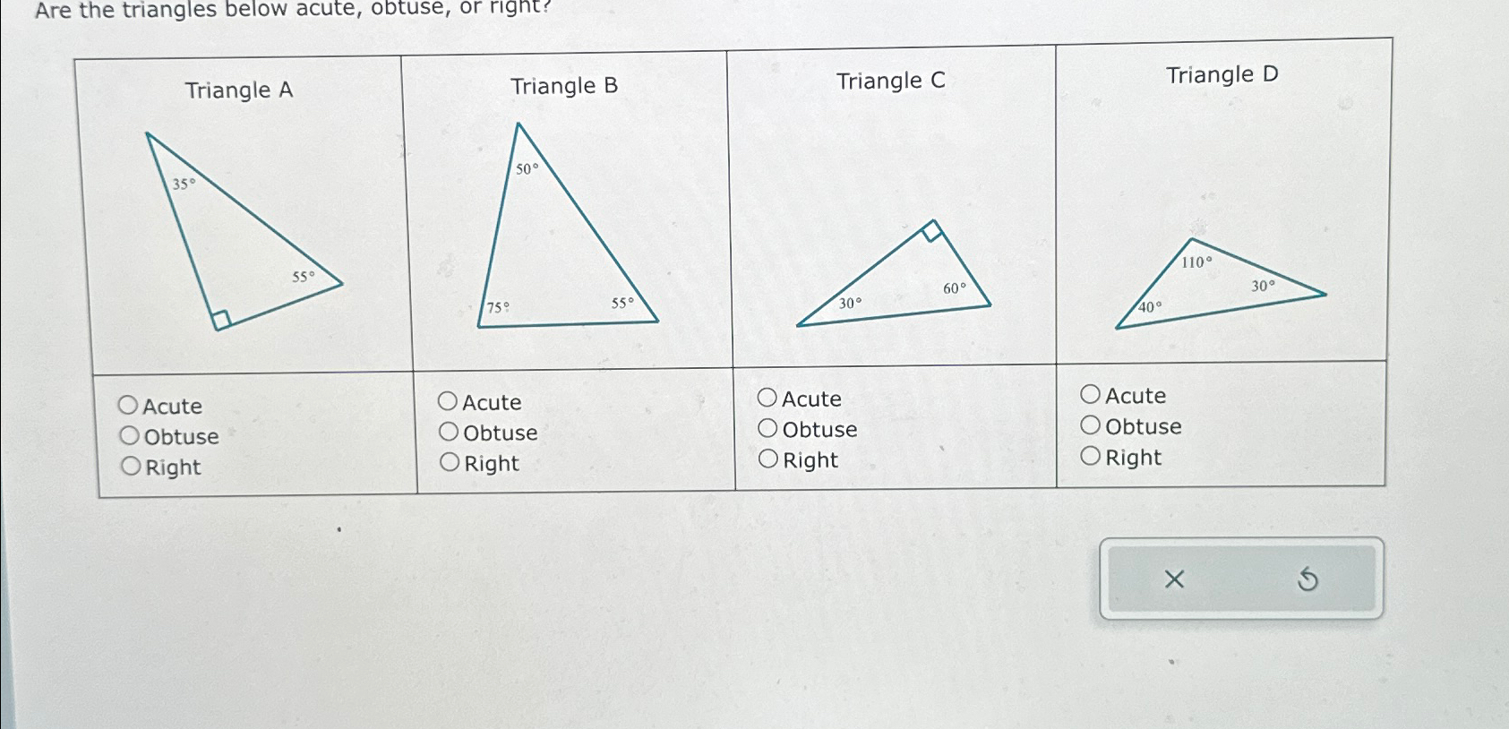 Solved Are the triangles below acute, obtuse, or rignt? | Chegg.com
