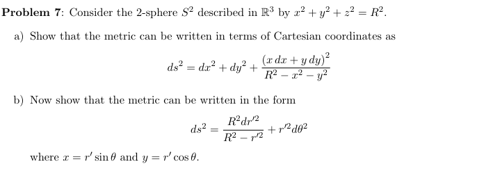 Solved Problem 7: Consider the 2-sphere S2 ﻿described in R3 | Chegg.com