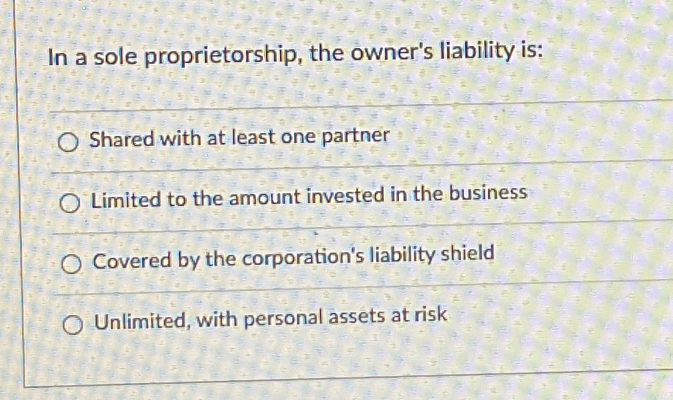 Solved In a sole proprietorship, the owner's liability | Chegg.com