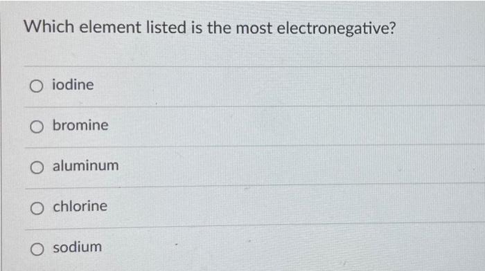Solved Which element listed is the most electronegative? O | Chegg.com