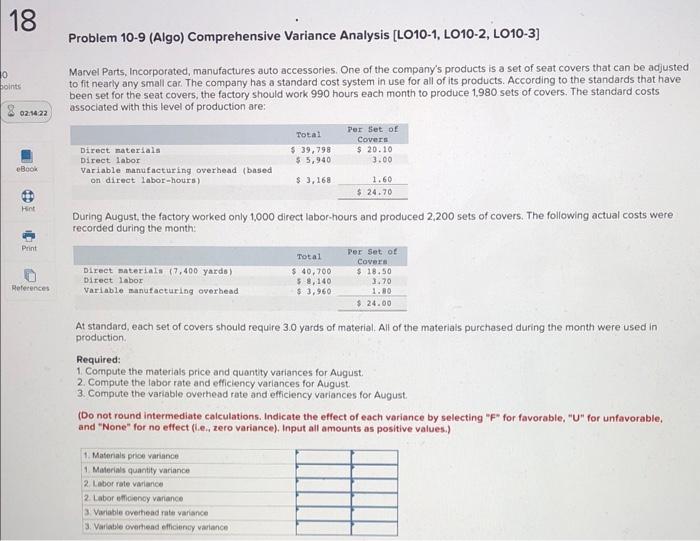 Solved Problem 10-9 (Algo) Comprehensive Variance Analysis | Chegg.com