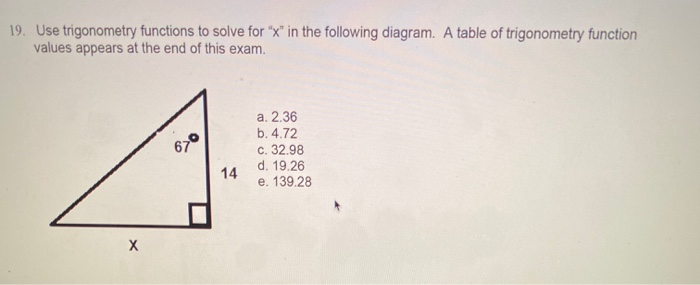 Solved 19. Use trigonometry functions to solve for "x" in | Chegg.com