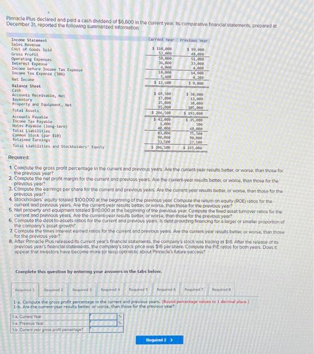 Solved Pinnacle Plus declared and pald a cash dividend of | Chegg.com