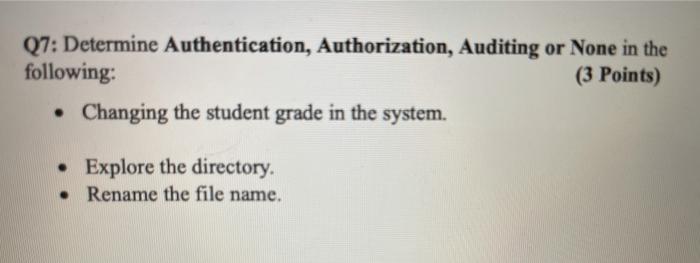 Solved Q7: Determine Authentication, Authorization, Auditing | Chegg.com