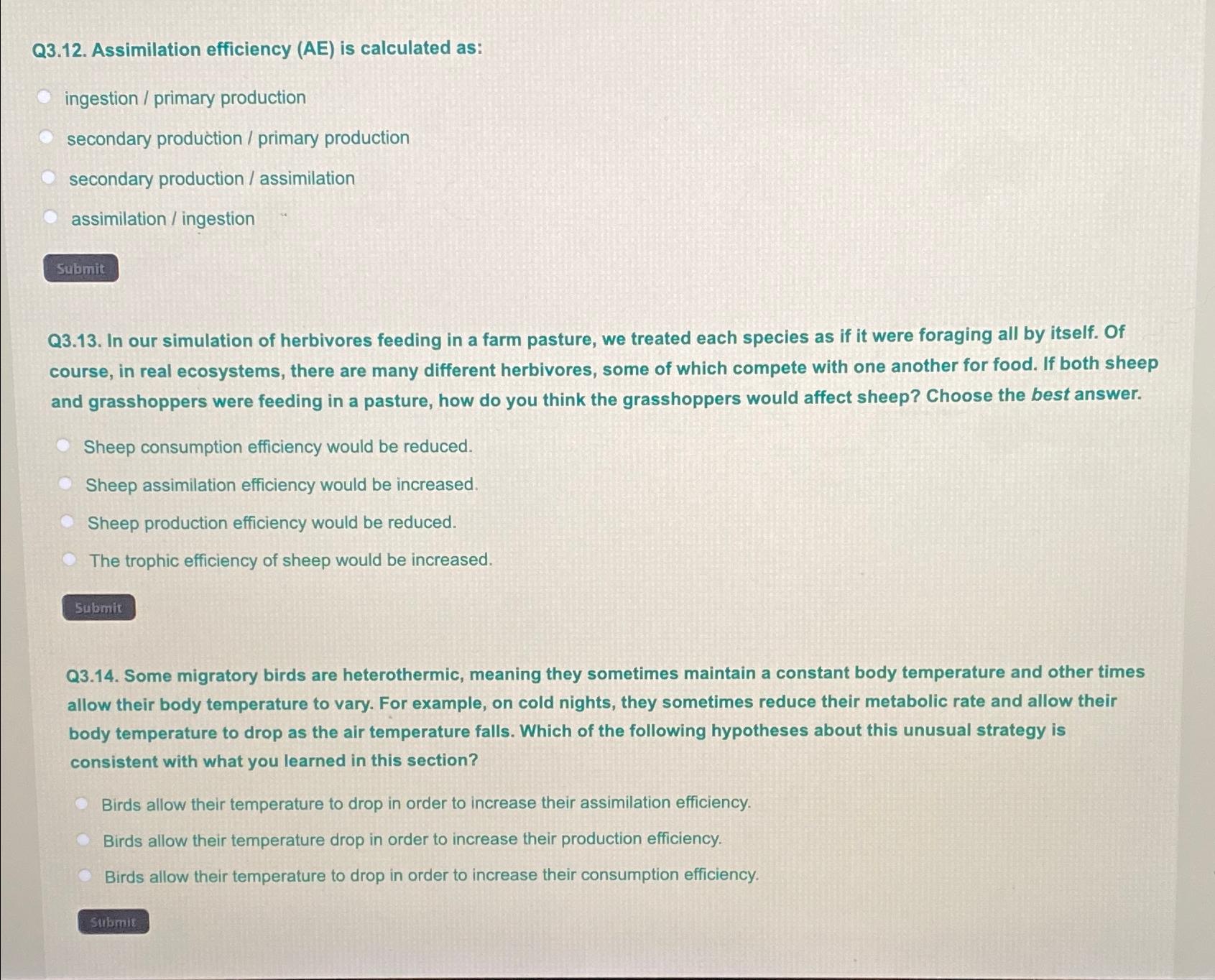 Solved Q3.12. ﻿Assimilation efficiency (AE) ﻿is calculated | Chegg.com