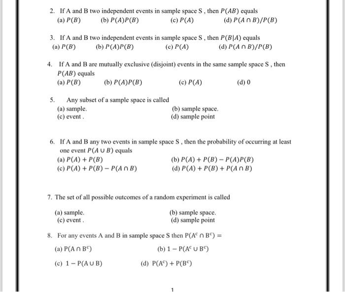 Solved 2. If A and B two independent events in sample space | Chegg.com