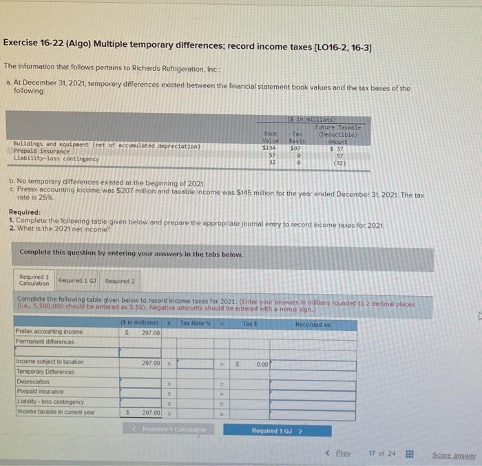 Solved Exercise 16-22 (Algo) Multiple temporary differences; | Chegg.com
