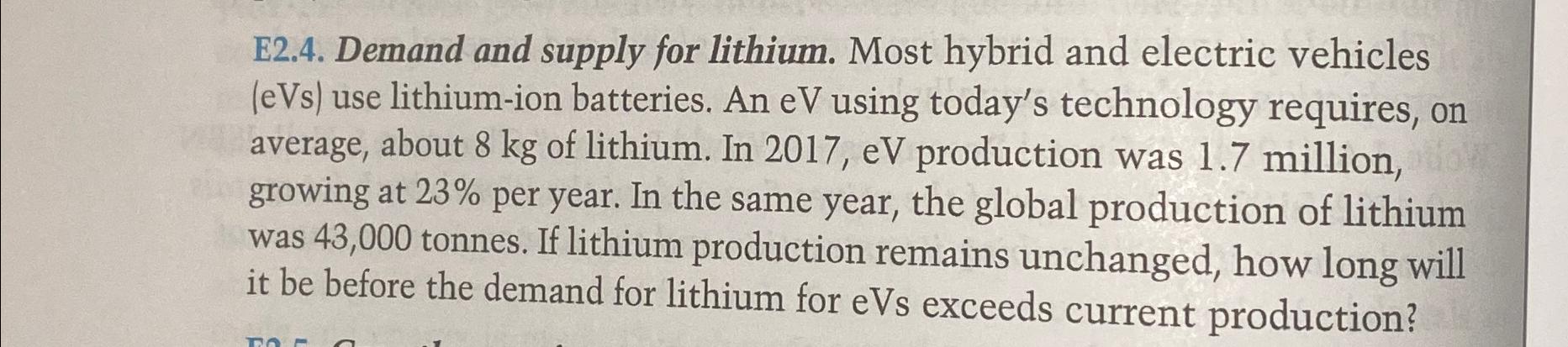 Solved E2.4. ﻿Demand and supply for lithium. Most hybrid and | Chegg.com