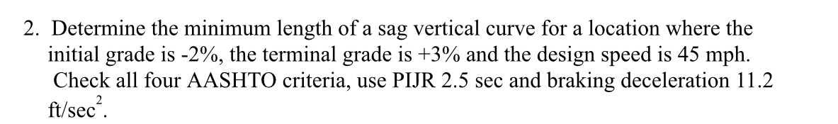Solved Determine the minimum length of a sag vertical curve | Chegg.com