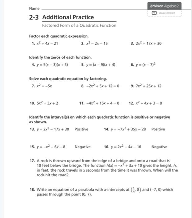 Solved En Vision Algebra 2 Name 2 3 Additional Practice Chegg