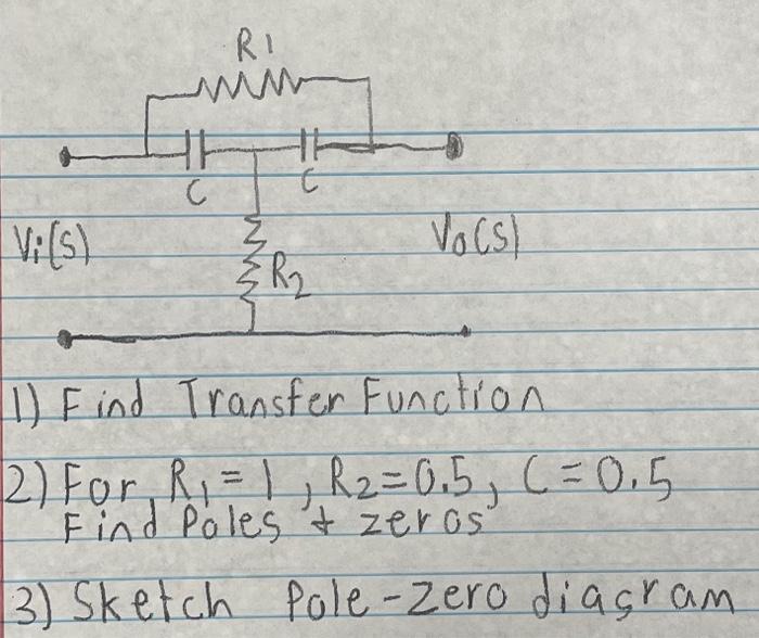 Solved 1) Find Transfer Function 2) For R1=1,R2=0.5,C=0.5 | Chegg.com