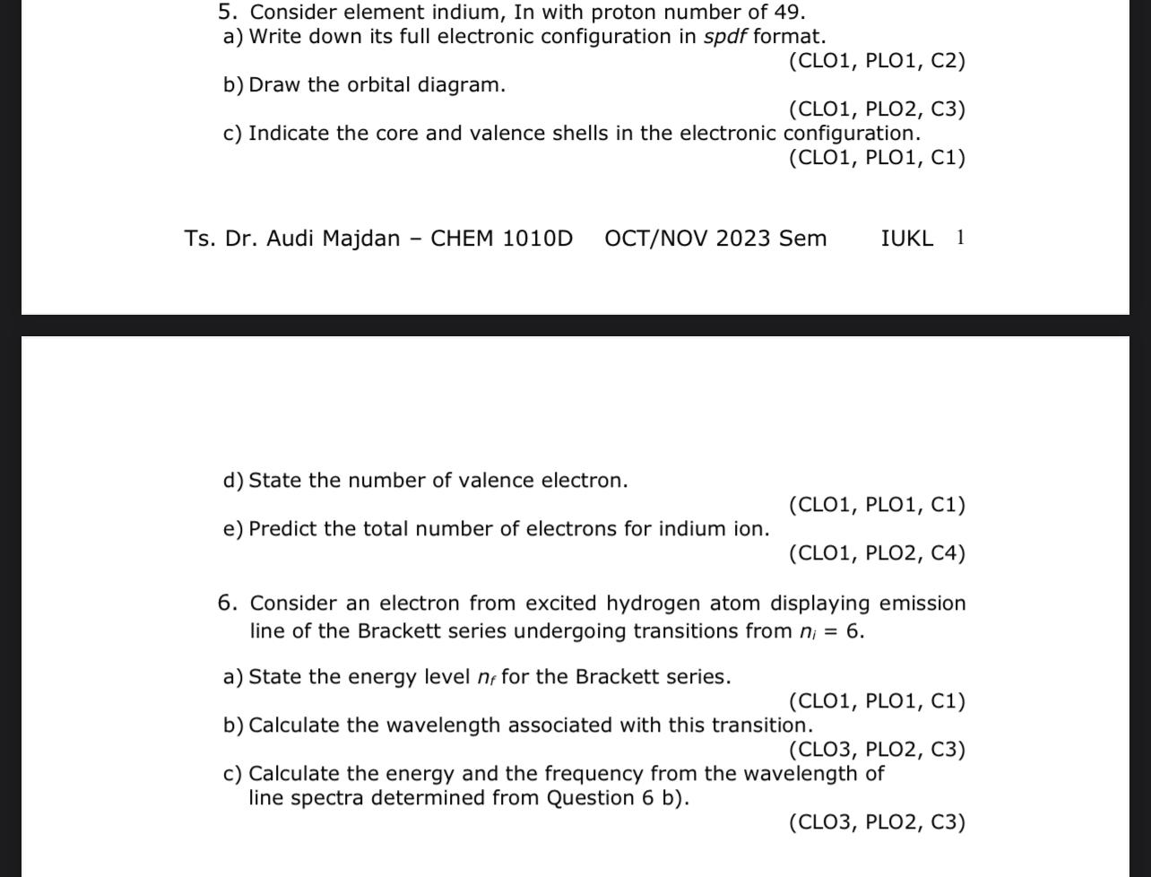 Solved Consider element indium, In with proton number of | Chegg.com