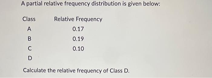 Solved A partial relative frequency distribution is given | Chegg.com