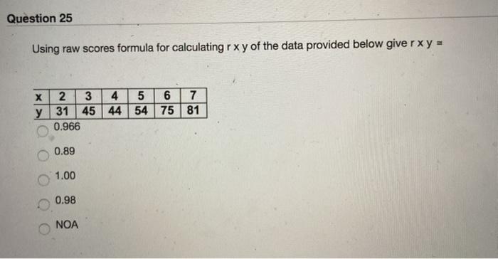 Solved Question 25 Using raw scores formula for calculating | Chegg.com