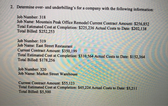 Solved 2. Determine over- and underbilling's for a company | Chegg.com