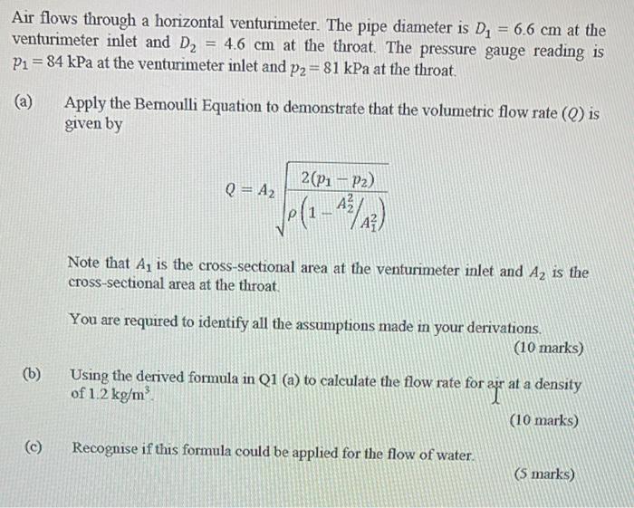 Solved Air flows through a horizontal venturimeter. The pipe | Chegg.com