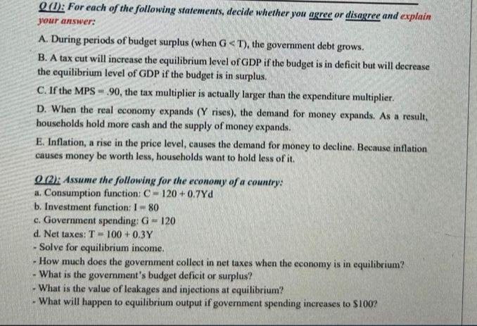 Solved Q(I): For each of the following statements, decide | Chegg.com