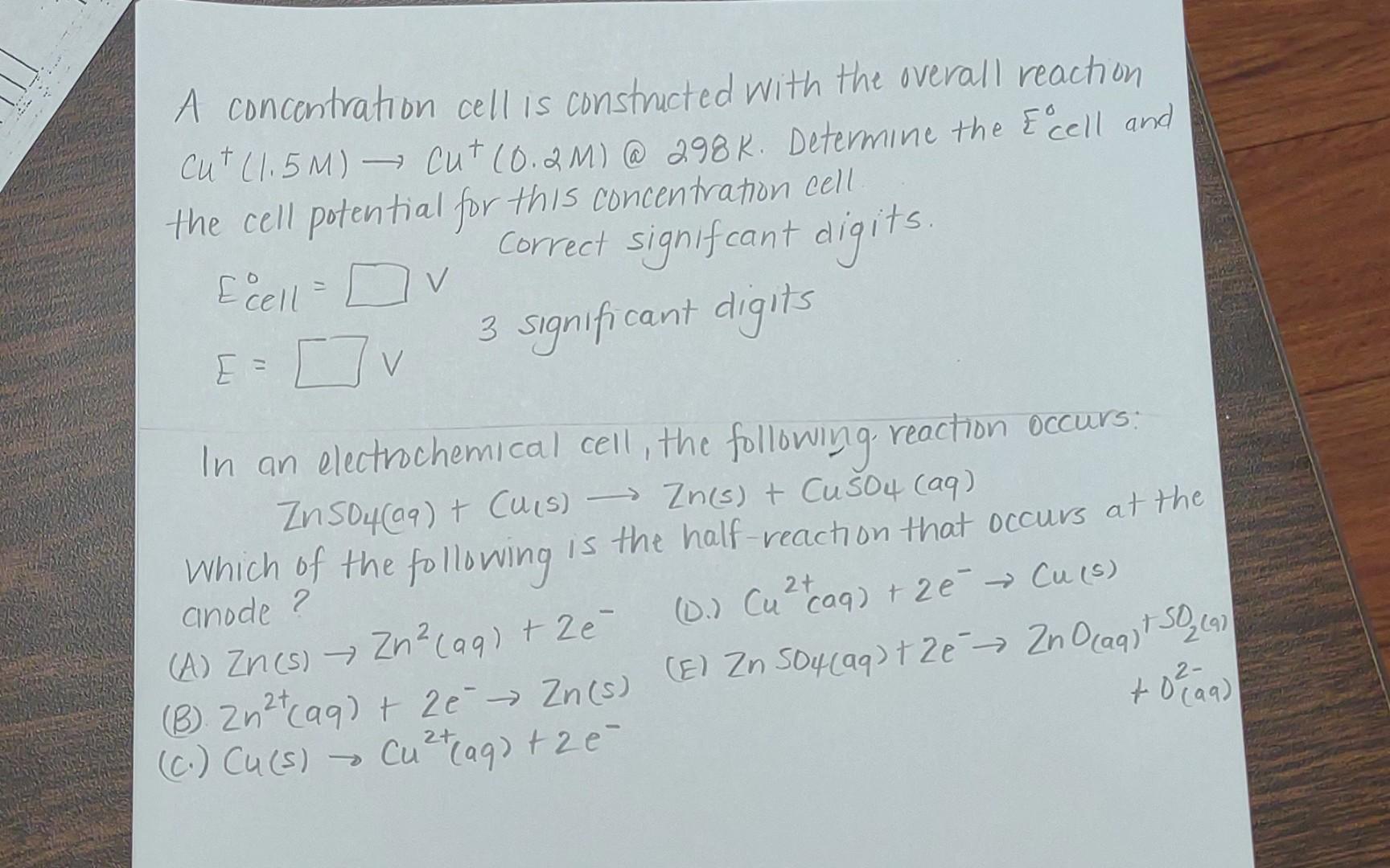 Solved A concentration cell is constructed with the overall | Chegg.com