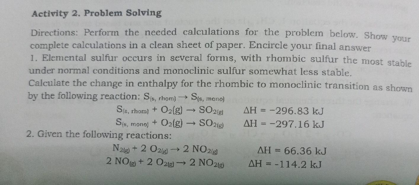 Solved Activity 2. Problem Solving Directions: Perform the | Chegg.com