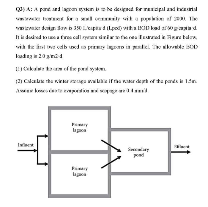 Solved Q3) A: A pond and lagoon system is to be designed for | Chegg.com