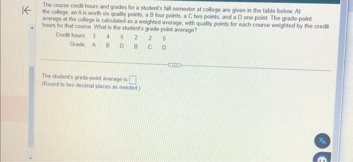 Solved The course credit hours and grades for a student's | Chegg.com