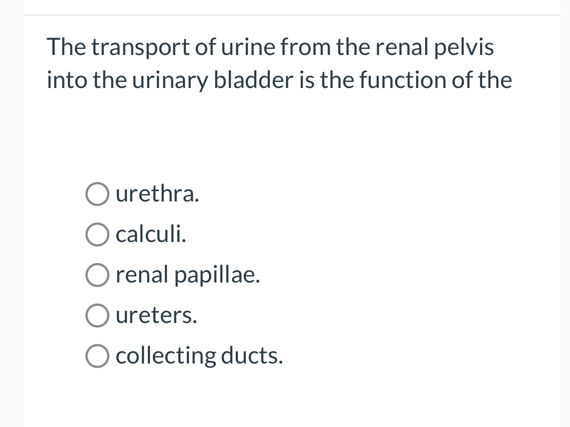 Solved The transport of urine from the renal pelvis into the | Chegg.com