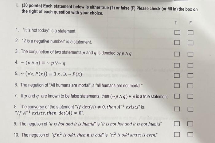 Solved I. (30 points) Each statement below is either true | Chegg.com