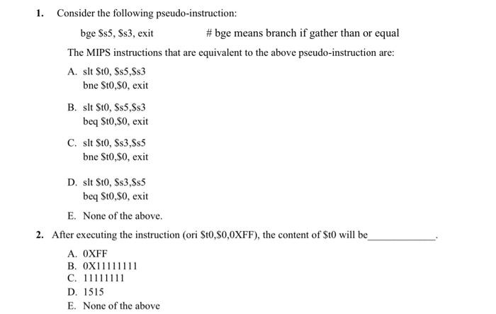 Solved 1. Consider the following pseudo-instruction: bge | Chegg.com