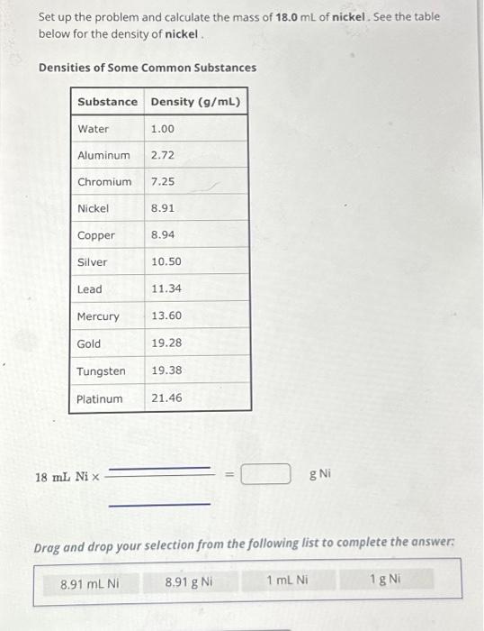 Solved Set up the problem and calculate the mass of 18.0 mL | Chegg.com