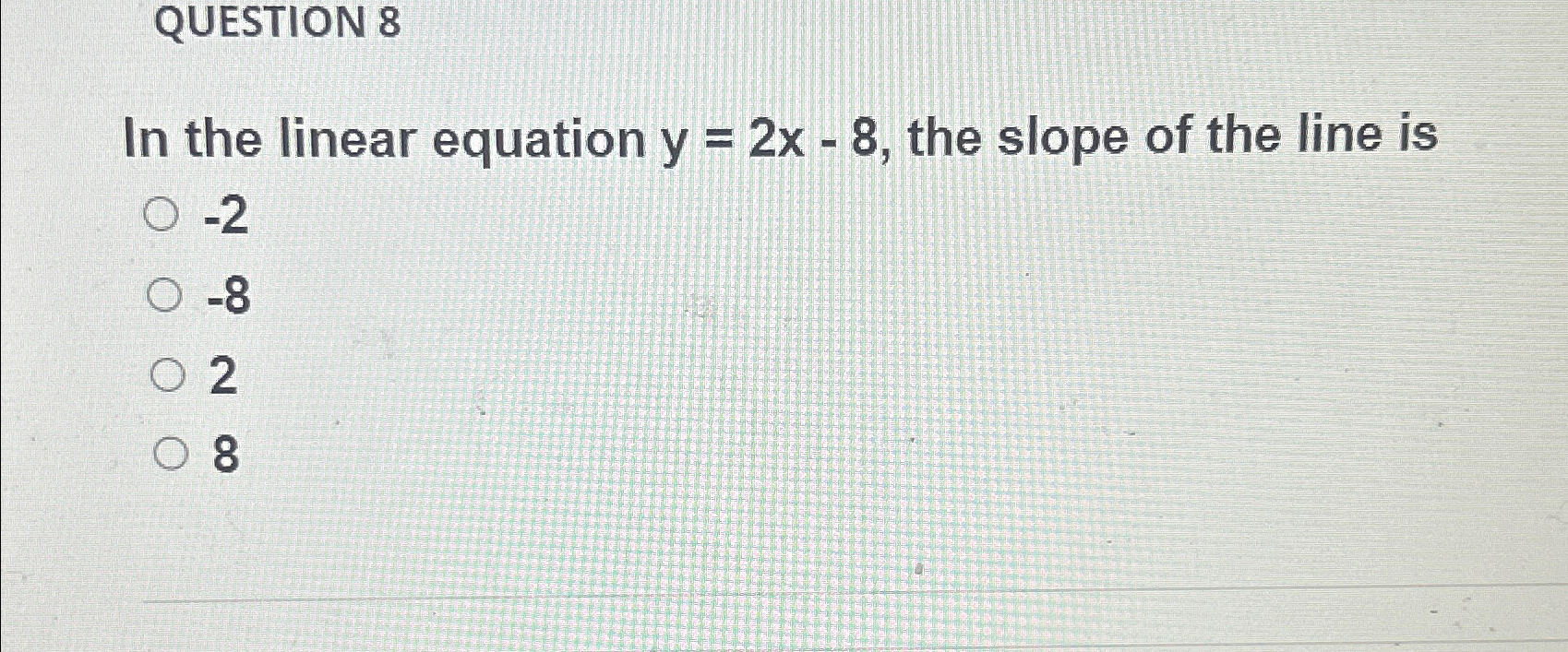 Solved QUESTION 8In the linear equation y=2x-8, ﻿the slope | Chegg.com