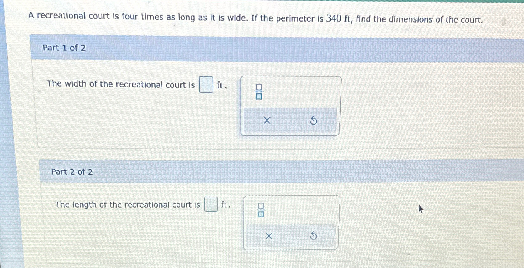 Solved A recreational court is four times as long as it is | Chegg.com