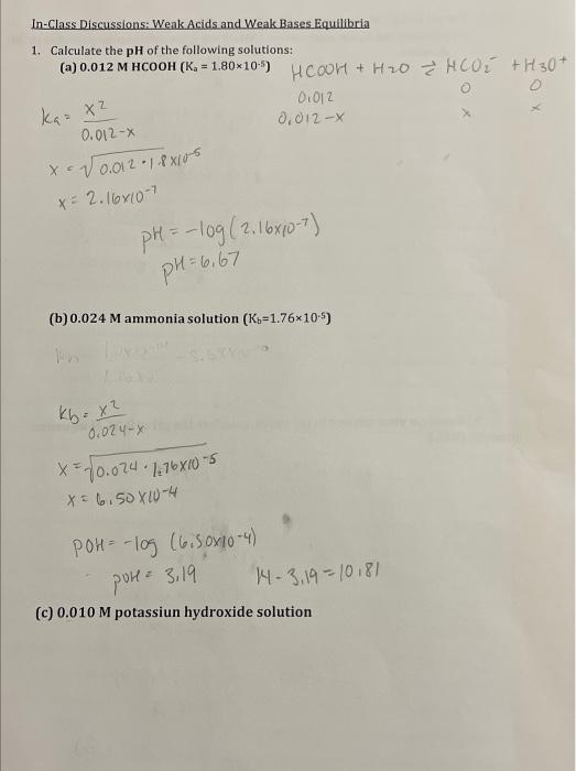 Solved In-Class Discussions: Weak Acids and Weak Bases | Chegg.com