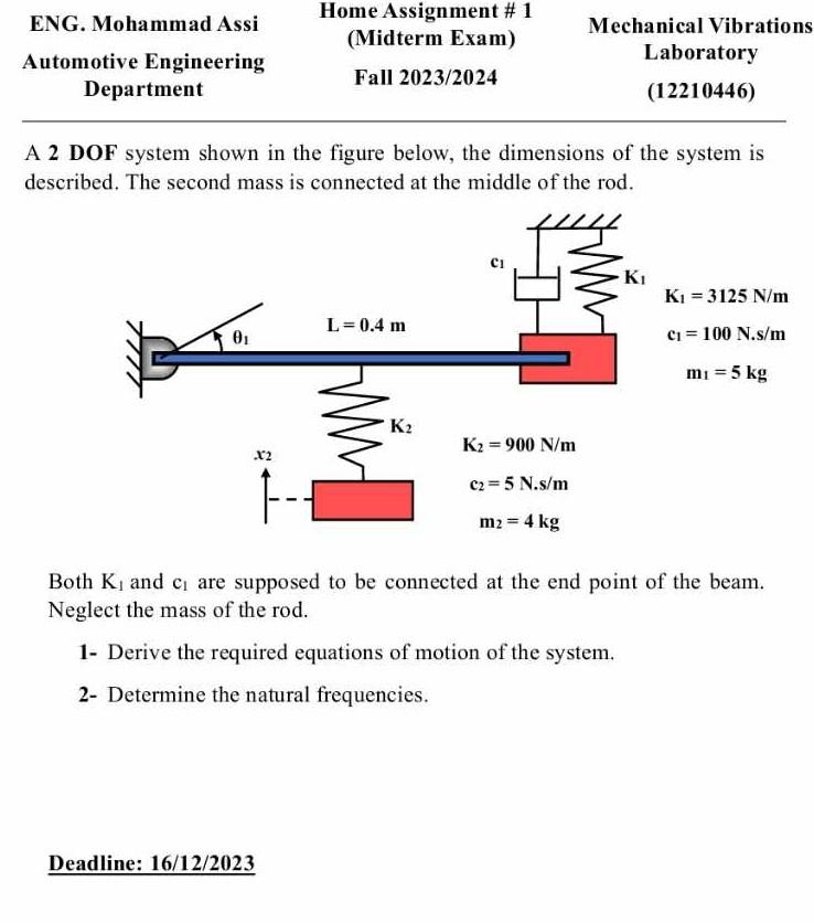 A 2 DOF system shown in the figure below, the | Chegg.com