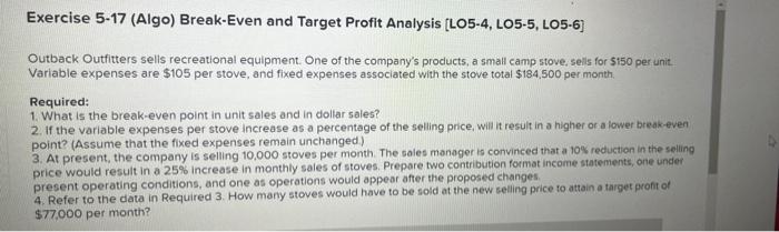 Solved Exercise 5-17 (Algo) Break-Even and Target Profit | Chegg.com