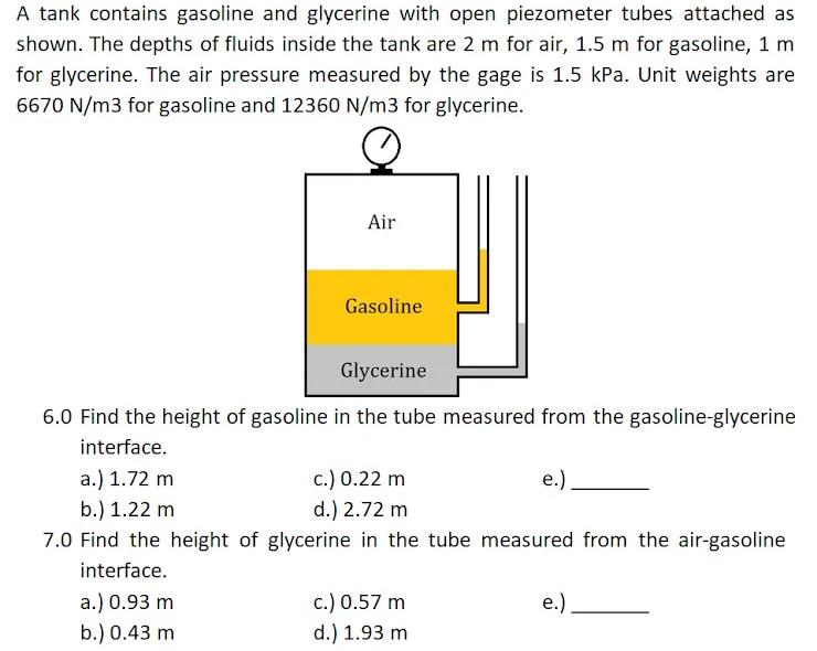 Solved A tank contains gasoline and glycerine with open | Chegg.com