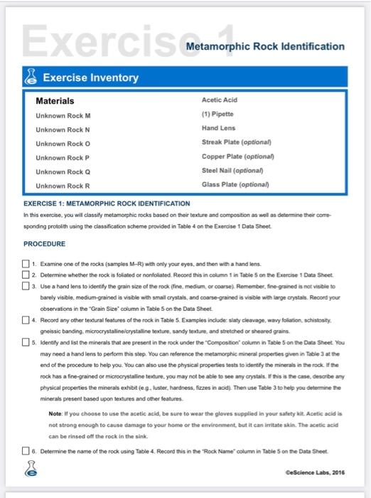 Exercis Metamorphic Rock Identification Exercise | Chegg.com