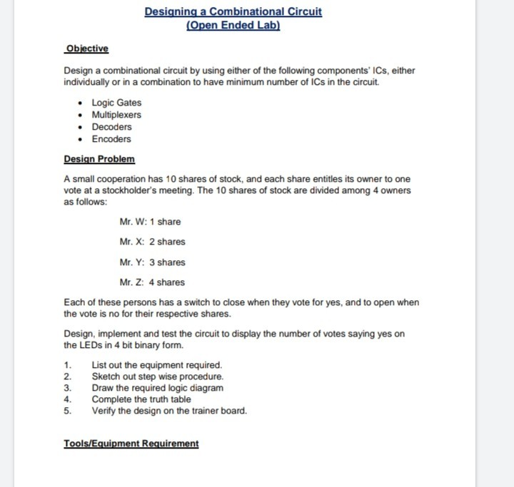 Designing a Combinational Circuit (Open Ended Lab) | Chegg.com