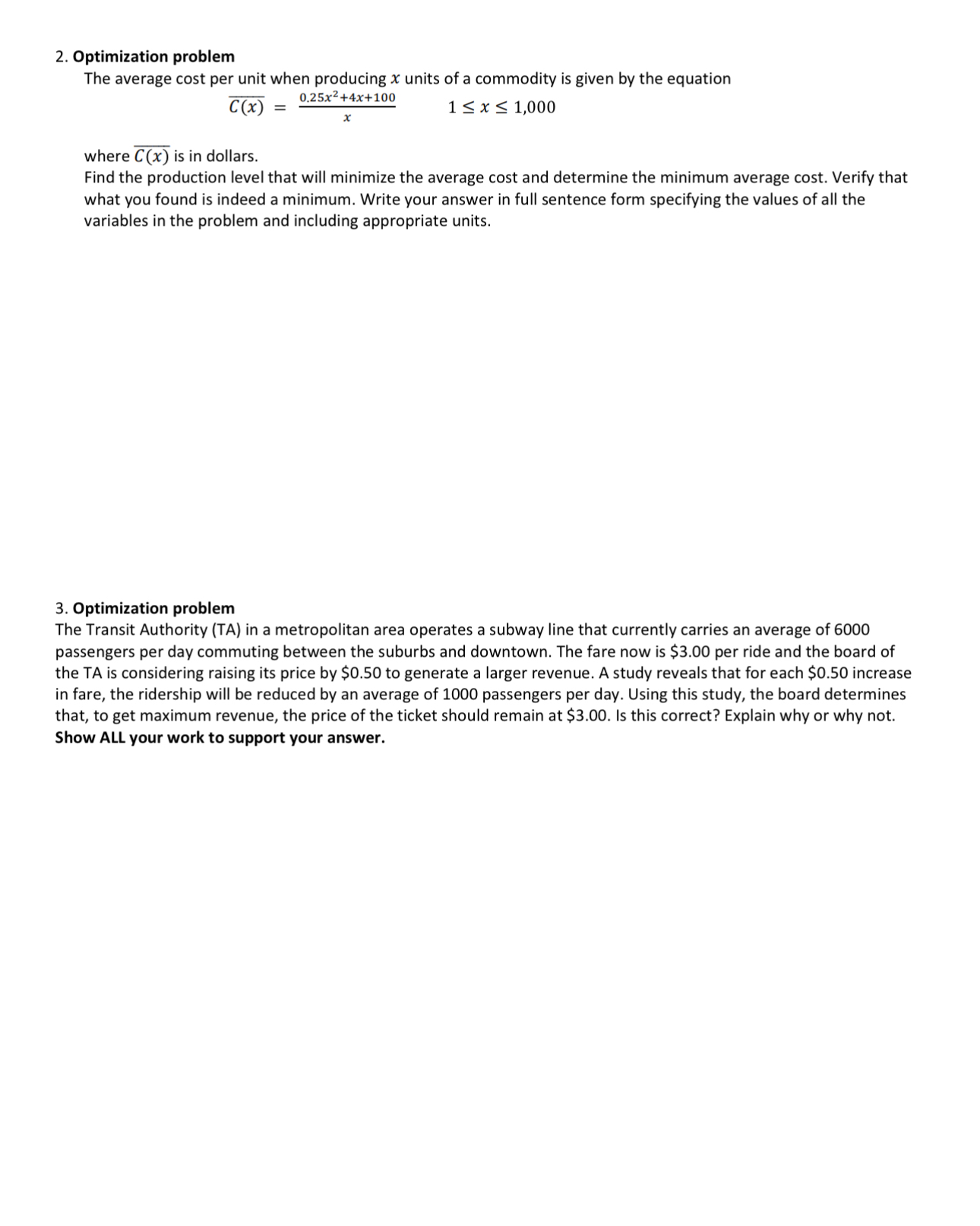 Solved Optimization problemThe average cost per unit when | Chegg.com