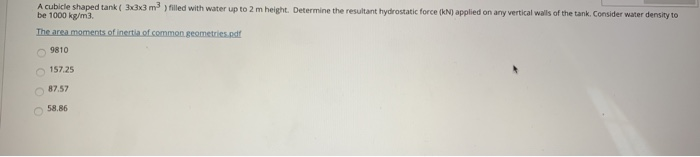 Solved A cubicle shaped tank ( 3x3x3m filled with water up | Chegg.com