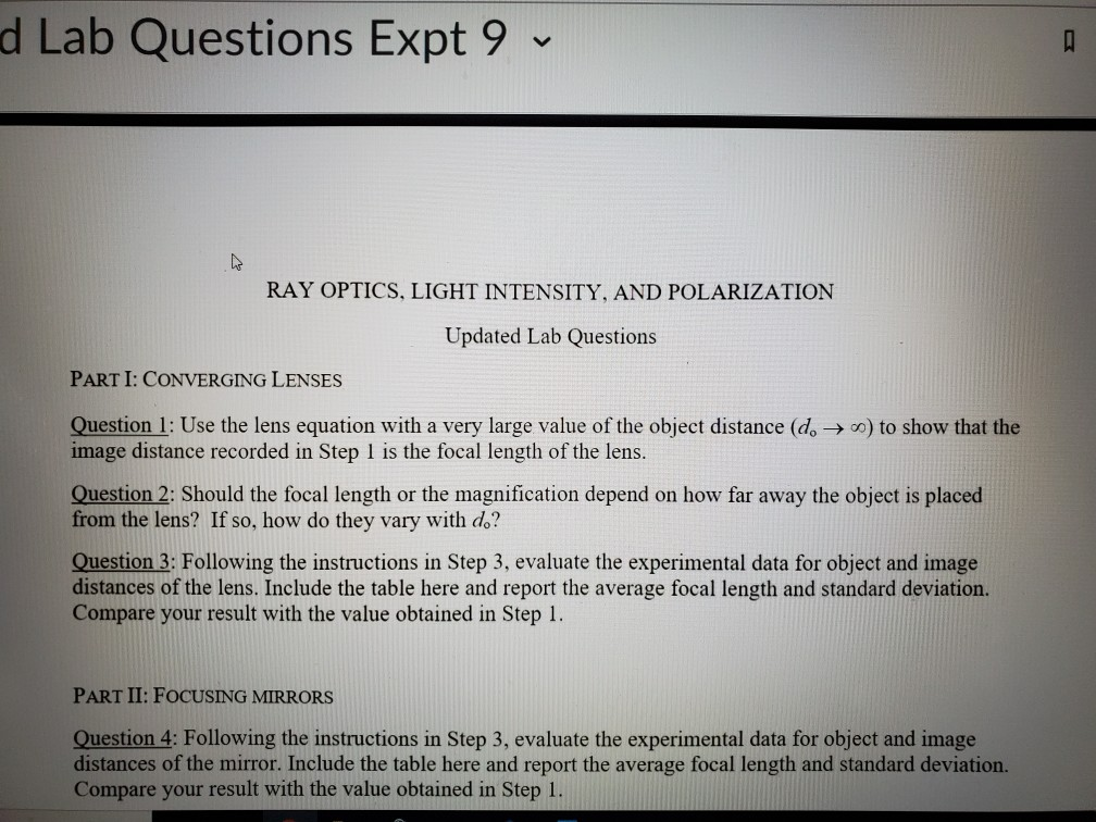 Solved d Lab Questions Expt 9 RAY OPTICS, LIGHT INTENSITY, | Chegg.com