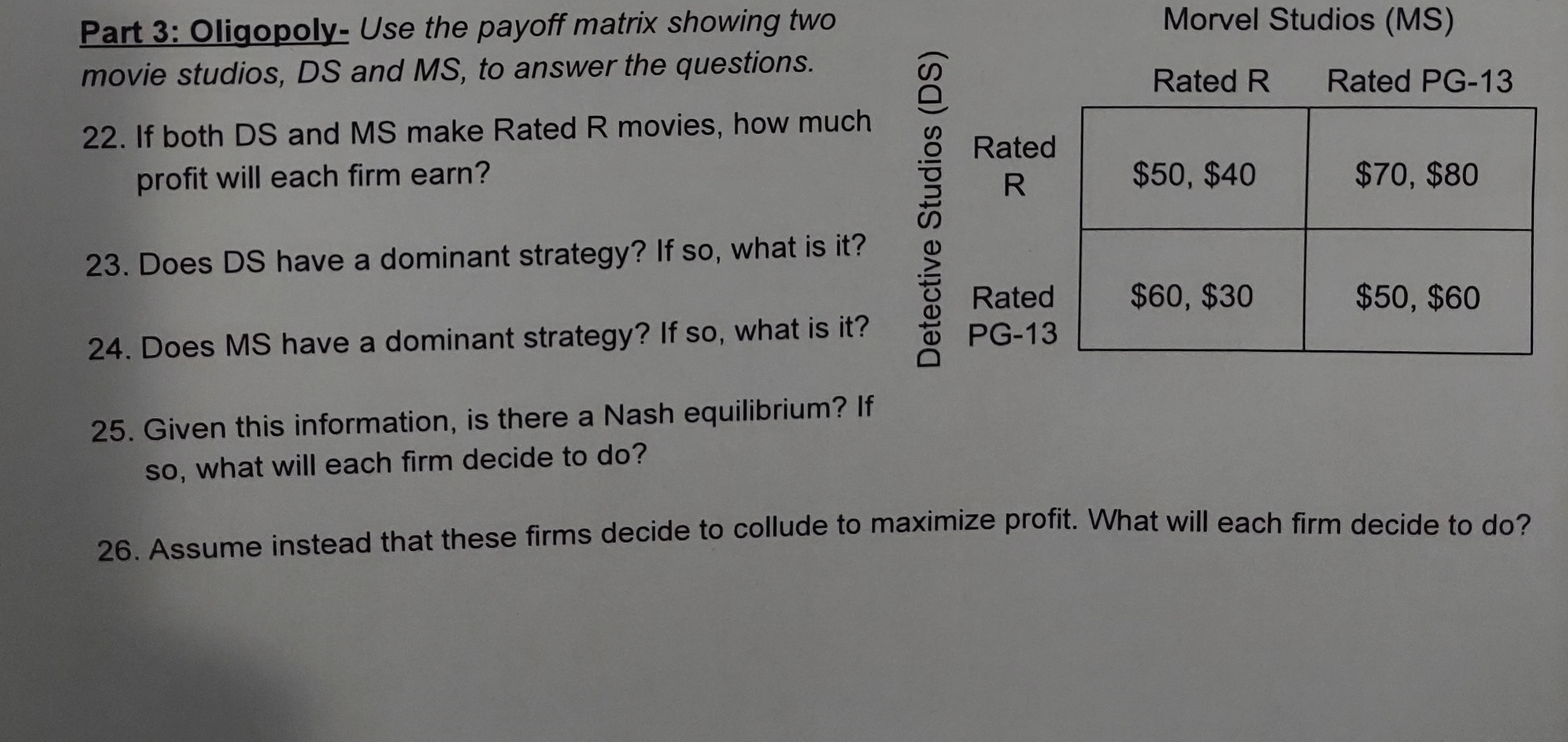 Solved Part 3: Oligopoly-Use the payoff matrix showing two | Chegg.com