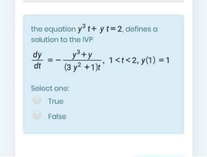 Solved the equation y3t+ y t= 2 defines a solution to the | Chegg.com