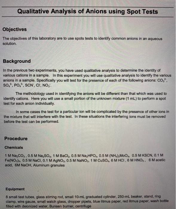 Solved Qualitative Analysis of Anions using Spot Tests | Chegg.com